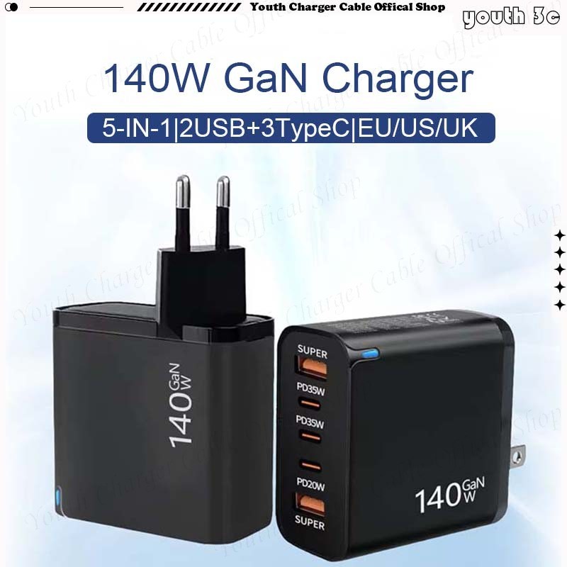 140W 5-Port Quick GaN Charger 2USB + 3 ประเภท C Fast ชาร์จอะแดปเตอร์ ...