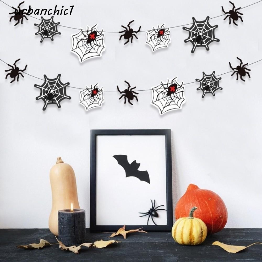 URBANCHIC แบนเนอร์แมงมุมฮาโลวีน, สีดําตลก Spider Web แขวนธง, อุปกรณ์ ...