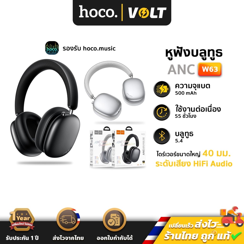 HOCO W63 หูฟังครอบหูบลูทูธ ระบบตัดเสียงรบกวน ANC รองรับแอป hoco. Music ...