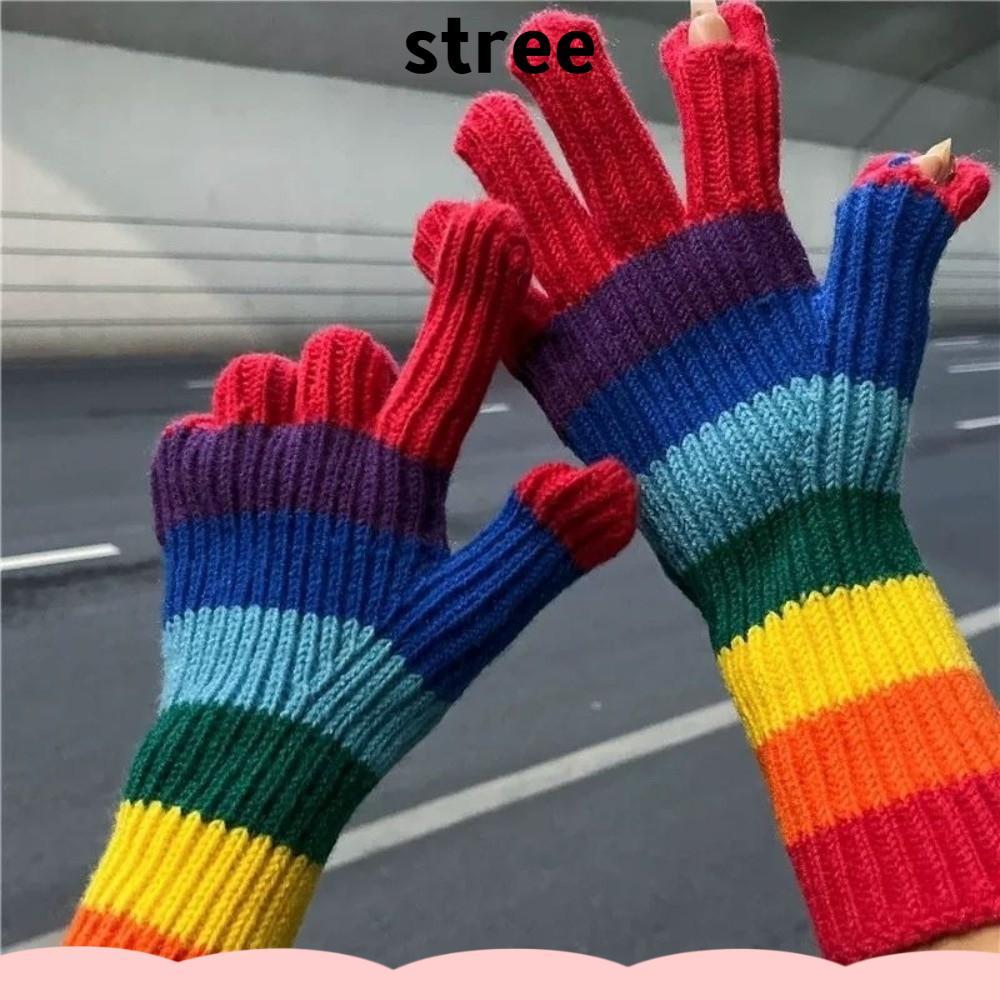 STREE ถุงมือถัก, กันลมอุ่นเปิดนิ้วถุงมือ,เกาหลีหนาสายรุ้งถุงมือผู้หญิง ...