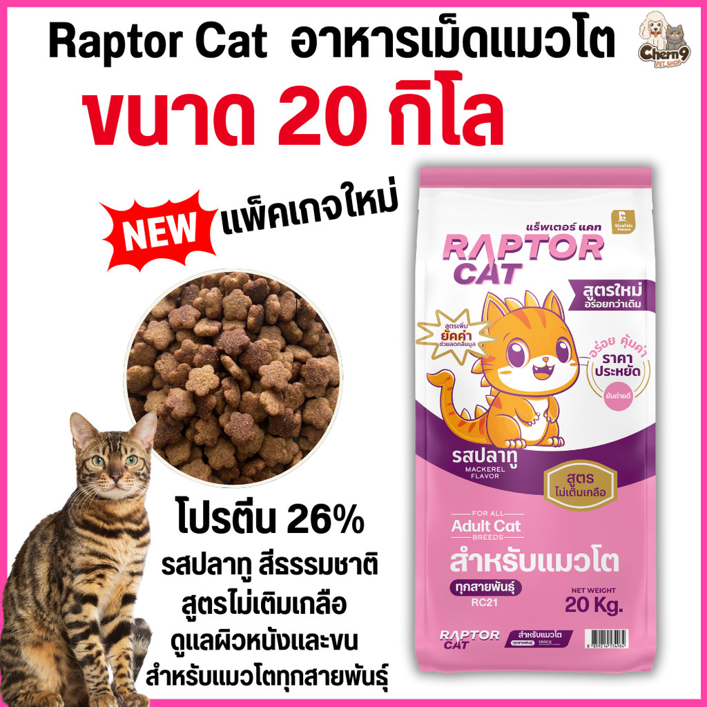 แพ็คเกจใหม่ [[ขนาด 20 กิโล]]n อาหารแมว RAPTOR CAT โปรตีน 26% ไม่เติม ...