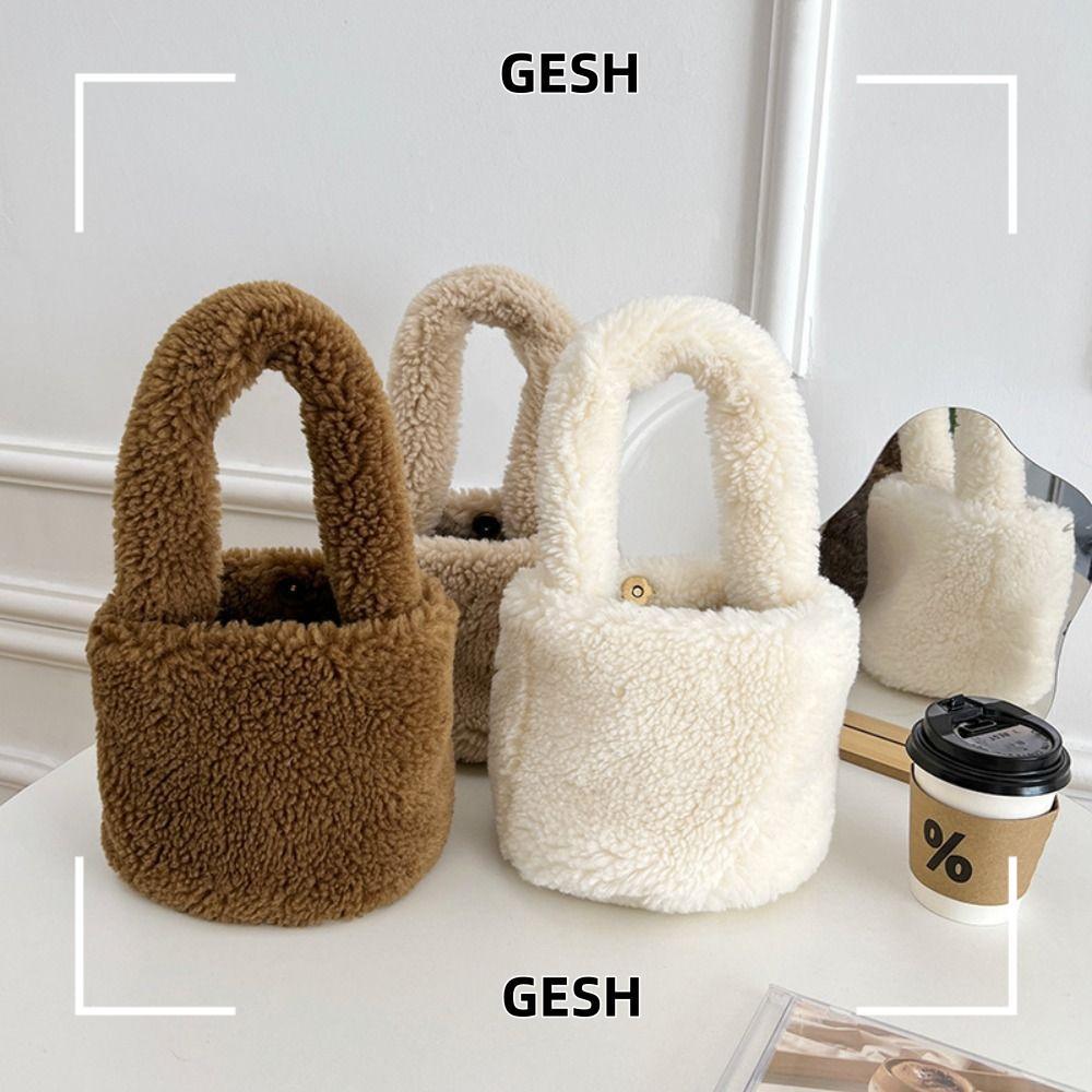 GESH กระเป๋าถือพลาซช์ขนแกะนุ่ม สไตล์เกาหลี มีที่จับสีทึบ เหมาะสำหรับ ...