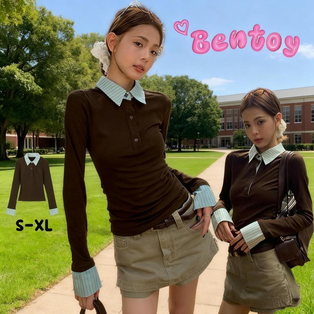 Bentoy พร้อมส่งในไทย( 3368 ) เสื้อยืดแขนยาว คอปกแบบโปโล ลายขวางเลเยอร์ ...