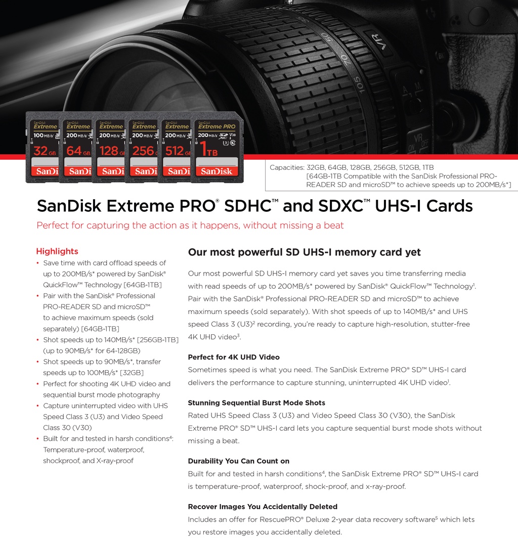 SanDisk Extreme Pro SD Card SDXC Speed R200 MB/s 128GB 256GB 512GB 1TB ...