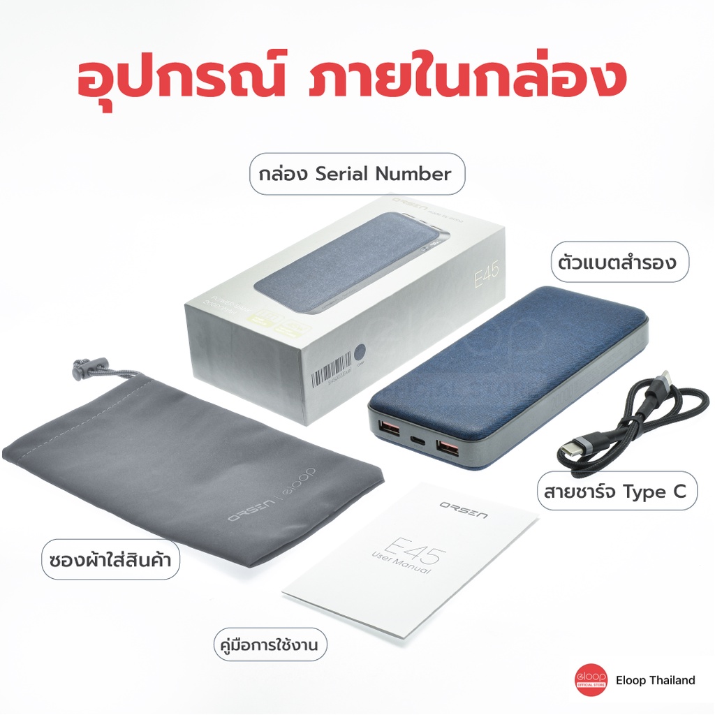 [1039บ. โค้ดคุ้ม] Orsen by Eloop E45 สีดำ แบตสำรองชาร์จเร็ว 20000mAh QC4.0 PD 45W PowerBank ...