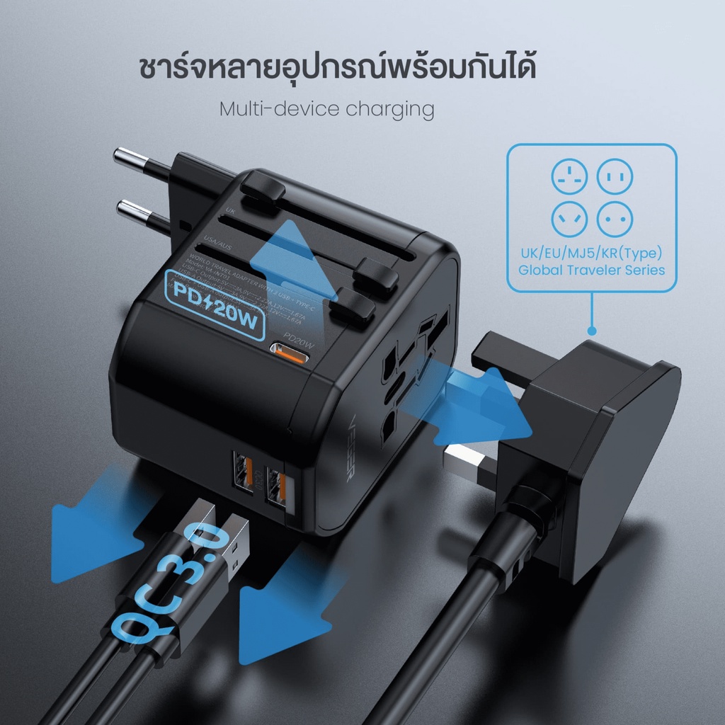 VEGER Travel Adapter QC18W I PD20W+ช่อง USB-C/Aหัวแปลงปลั๊กไฟ Universal ...