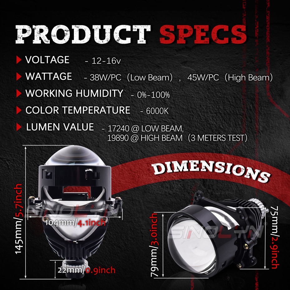 Sinolyn ไฟหน้าโปรเจคเตอร์ bi led projector ขนาด 3นิ้ว H1 H4 H7 9005 9006 ไฟวงแหวน crystal halo ...