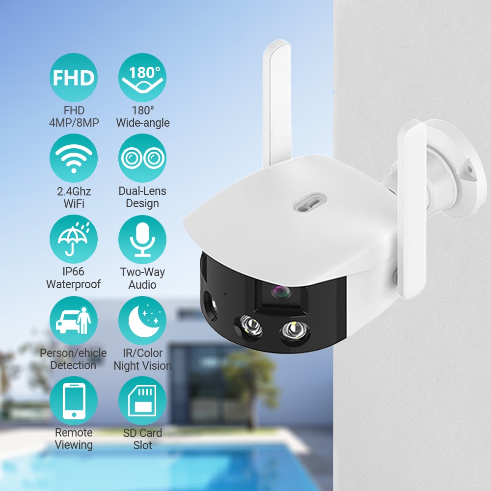 Hamrol 4K 8MP 180 ° Ultra-Wide Angle Dual-Lens Outdoor WIFI Camera Two ...