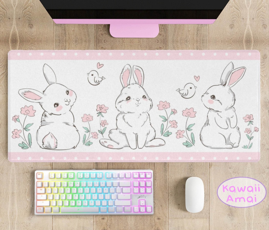 แผ่นรองโต๊ะ Kawaii, แผ่นรองเมาส์สีชมพู Cute bunny Gamer, แผ่นรองโต๊ะ ...