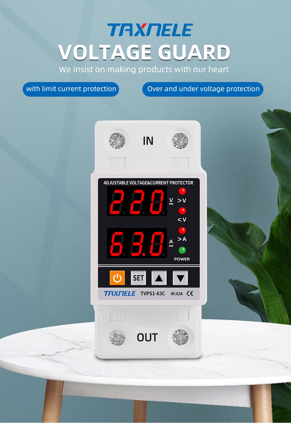 Taxnele 40A 63A 230V Din Rail ปรับดิจิตอล Over Under Voltage protector Over Current ป้องกัน ...