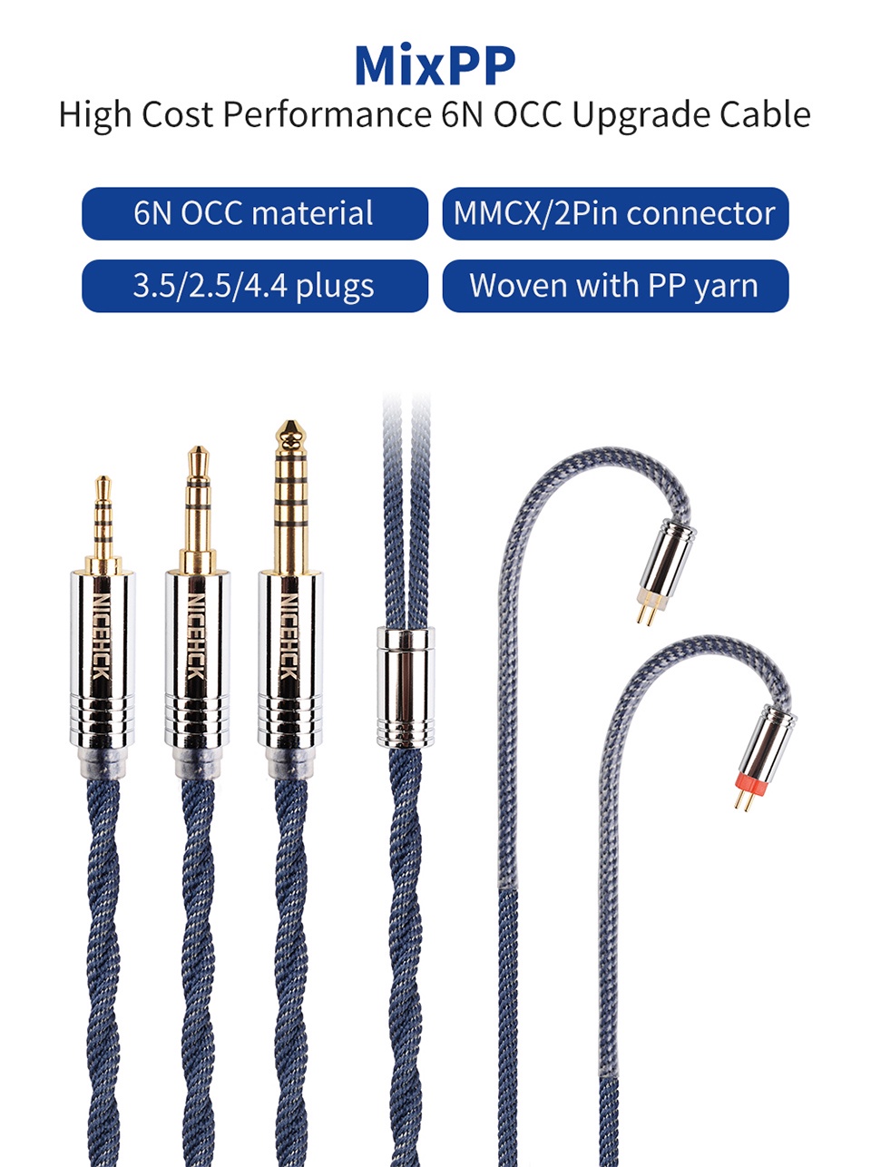 Nicehck MixPP 6N OCC สายเคเบิลหูฟัง HiFi IEM ทองแดง 3.5 2.5 4.4 มม. MMCX 2Pin สําหรับ HOLA Zero ...