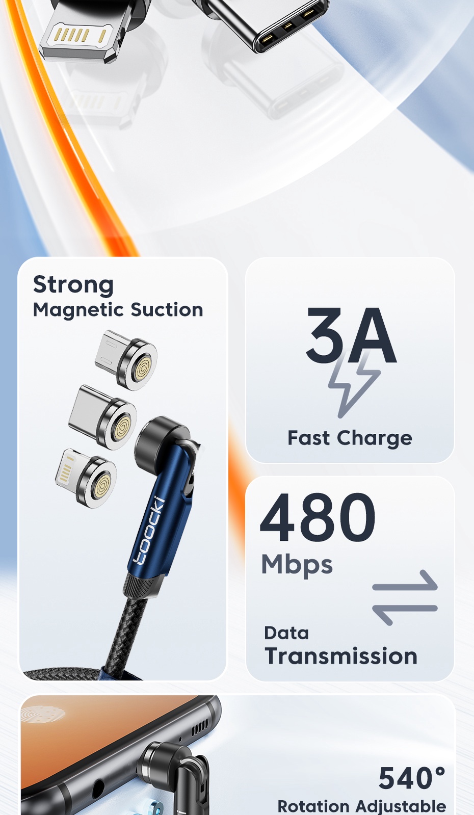 Toocki สายเคเบิลแม่เหล็ก หมุนได้ 540 องศา 3a ชาร์จเร็ว Usb Micro Type C 9157