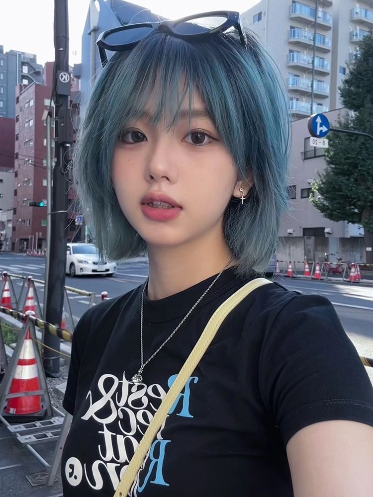 วิกผมสีฟ้า One-ขนาด-พอดี-ผมสั้นทั้งหมด Y2k หมวกเต็มรูปแบบสําหรับผู้หญิง Universal Cos วัฒนธรรม ...