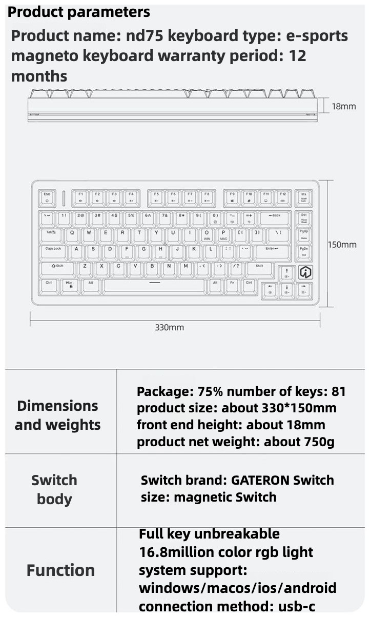 Irok ND75 Gaming GATERON Magnetic Switch Keyboard RGB Wired RT Mode 81 ...