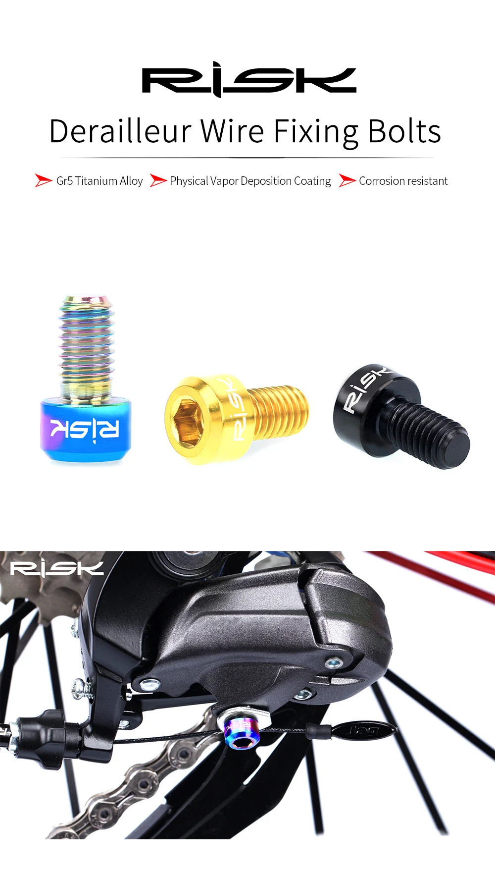 Risk 2pcs M5 X 9มม. TITANIUM Alloy bolts สำหรับจักรยานด้านหน้าด้านหลัง derailleur Wire Fixing ...