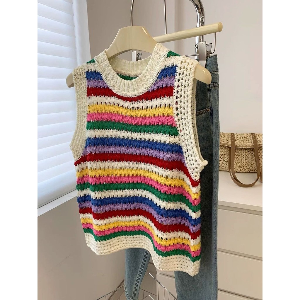 Dopamine Contrast สีสายรุ้งลายถักเสื้อกั๊ก Slimmer ดูสไตล์ใหม่ All ...