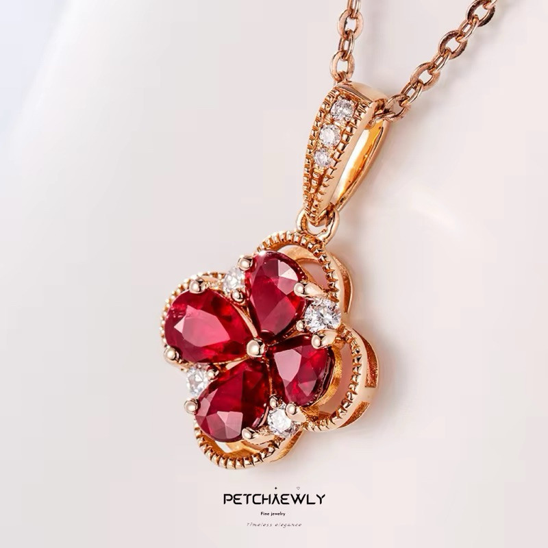 PETCHAEWLYs Ruby, Diamond Clover pendant- จี้พลอยทับทิมแท้ เพชรแท้ ...