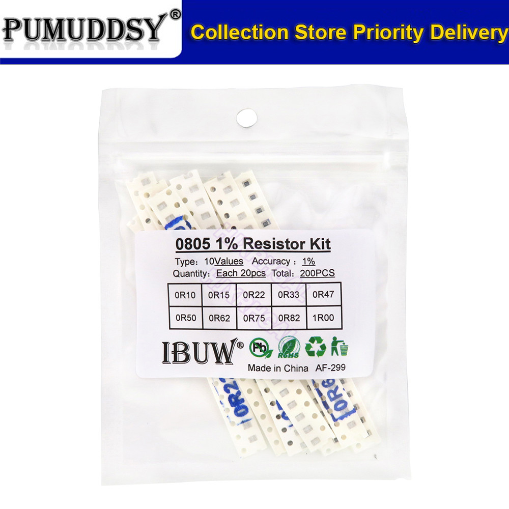 200PCS 1% 0805 ตัวต้านทาน SMD ชุดคละชุด 10 ค่าX20pcs = 200pcs 1R00 R820 ...