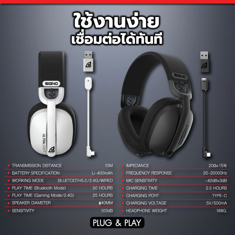 SIGNO WP-601 MARLOS WIRELESS GAMONG HEADSET 7.1 E-SPORT หูฟังเกมมิ่ง ...
