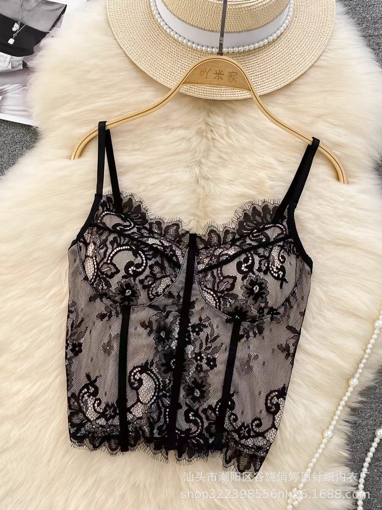 Retro Fishbone Corset Tube Top ลูกไม้สีดําเซ็กซี่ Camisole สวมใส่ด้าน ...