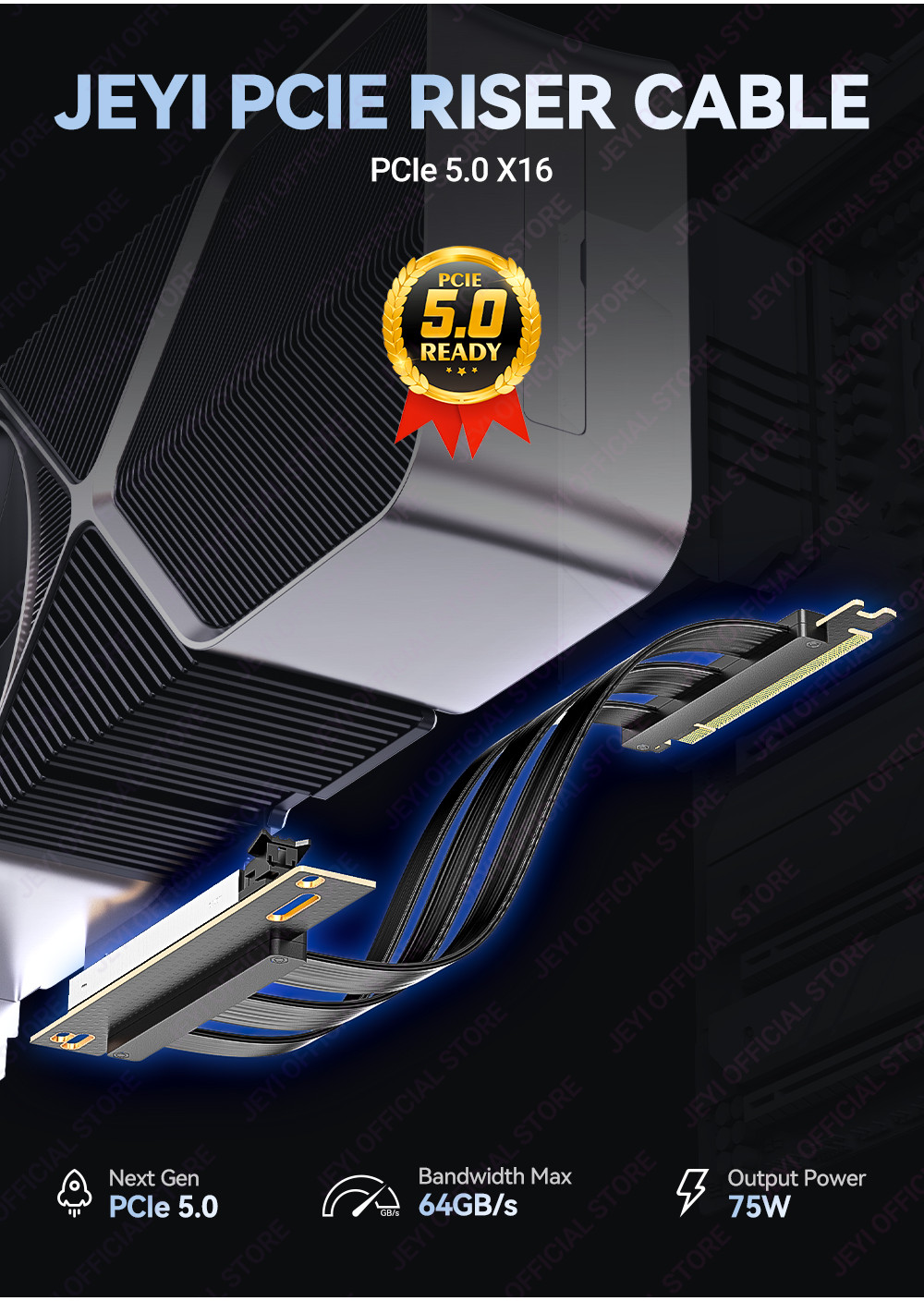 Jeyi PCIE 5.0 x16 Riser สาย, 128Gbps EMI Shielded PCIE x16 GPU สาย ...
