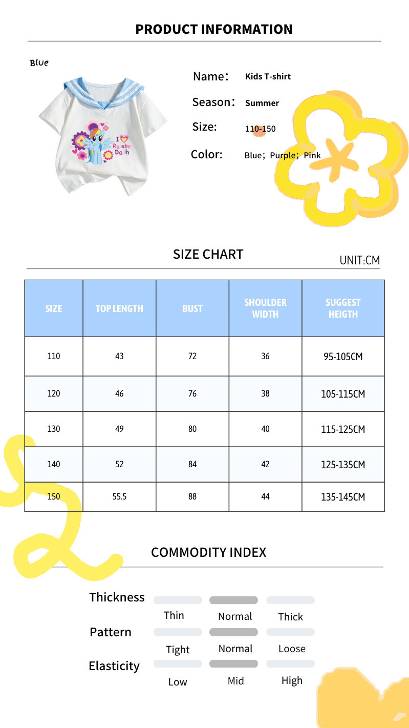 สาวเสื้อยืด Little Pony Preppy สไตล์กองทัพเรือคอปกแขนสั้นเด็กผ้าฝ้าย ...