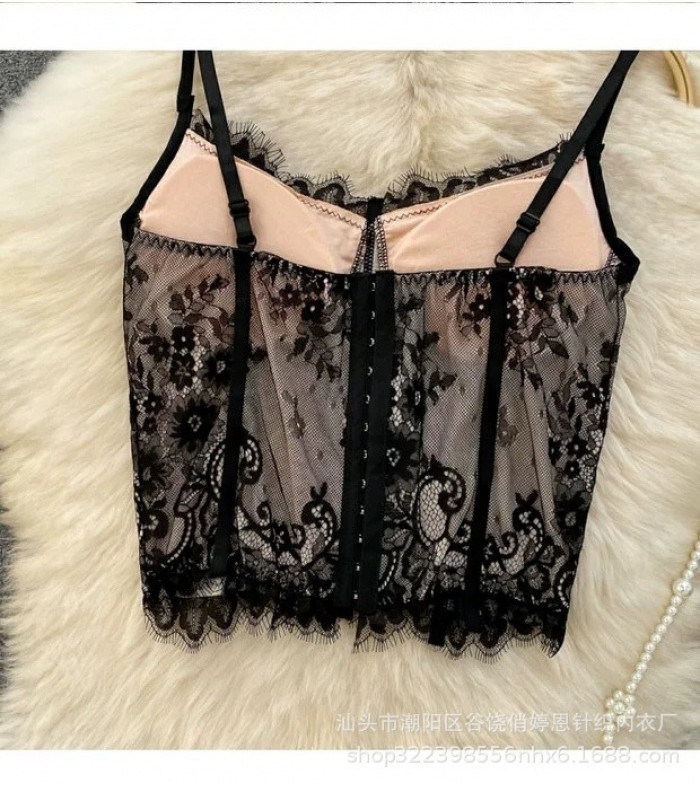 Retro Fishbone Corset Tube Top ลูกไม้สีดําเซ็กซี่ Camisole สวมใส่ด้าน ...