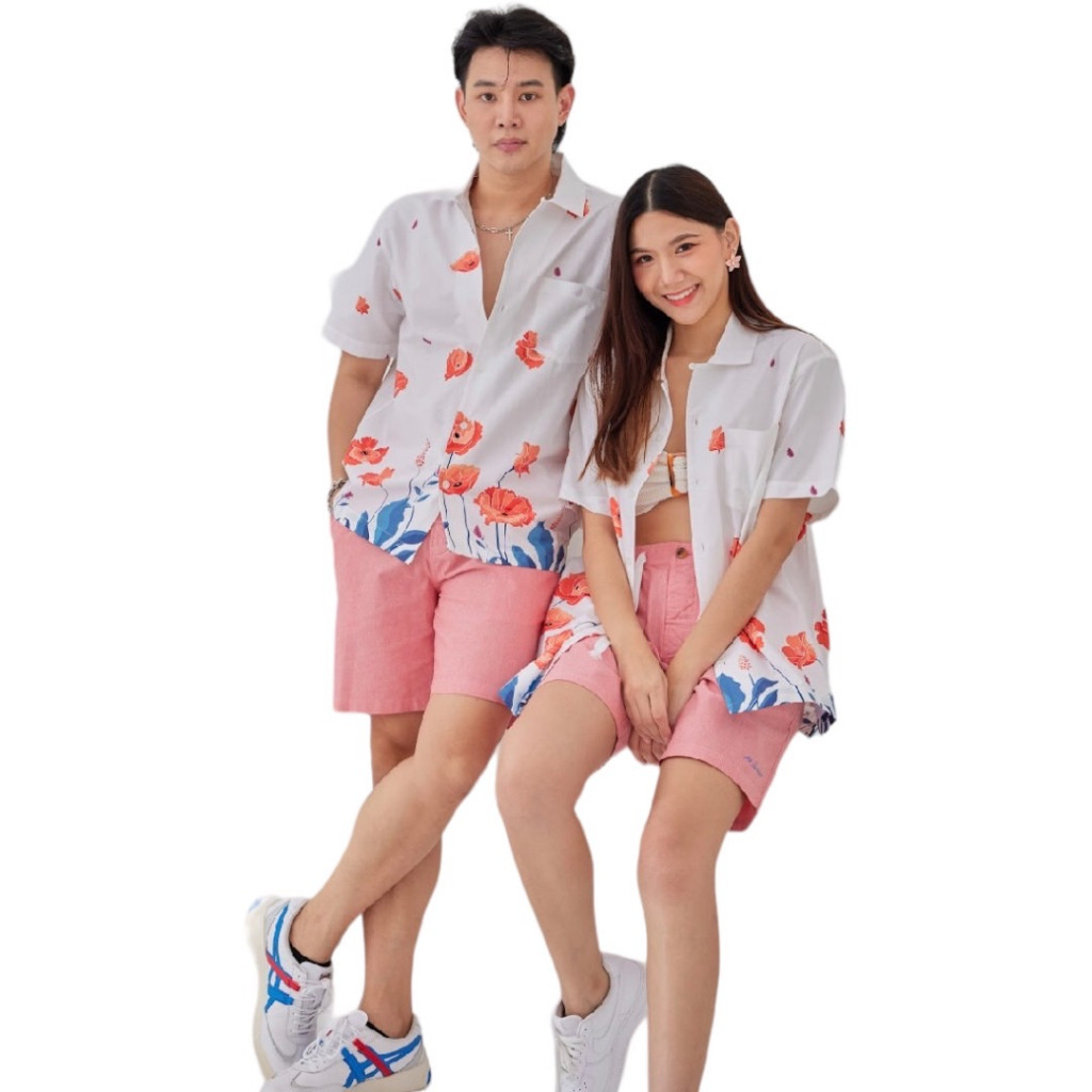 Mr.Becker] เสื้อฮาวายแขนสั้นพื้นขาว ดอกไม้ส้ม Hawaii white printed ...