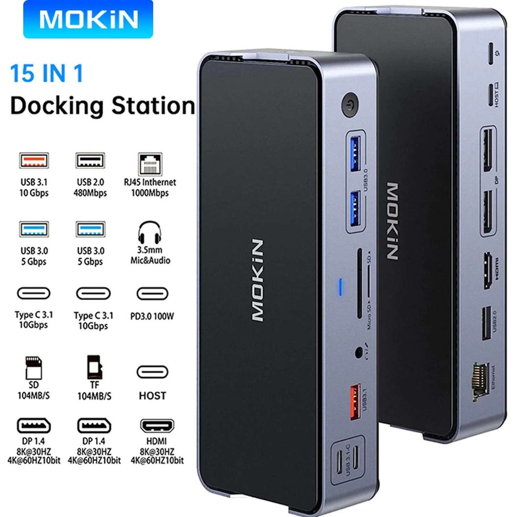 MOKiN 15 IN 1 USB Docking Station USB C ถึง 8K จอแสดงผล HDMI USB 3.1 ...