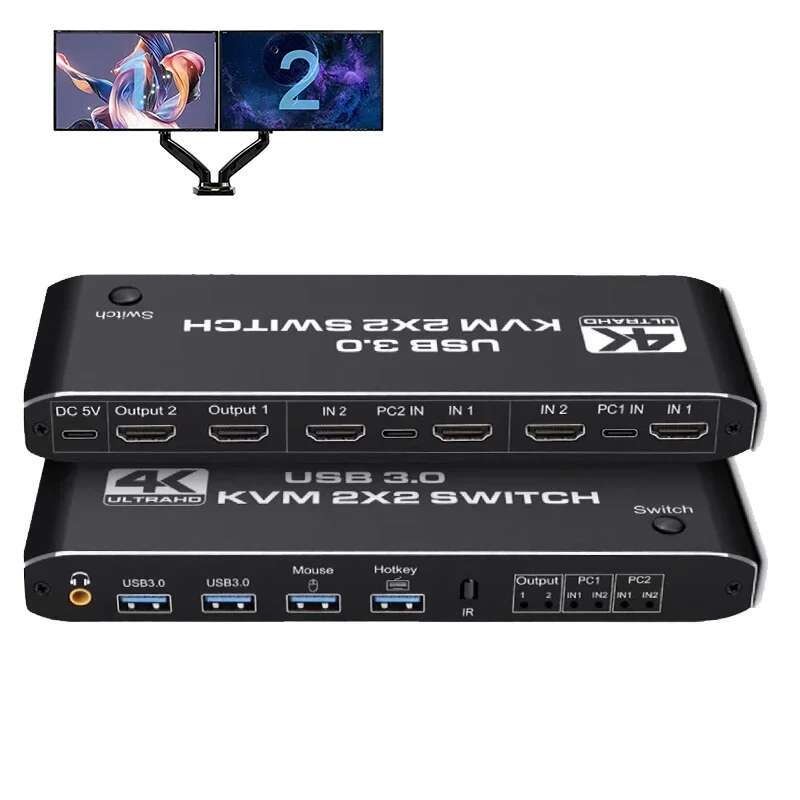 Dual Monitor HDMI KVM Switch 2x2 USB3.0 HDMI KVM Switch 2 in 2 out 4K ...
