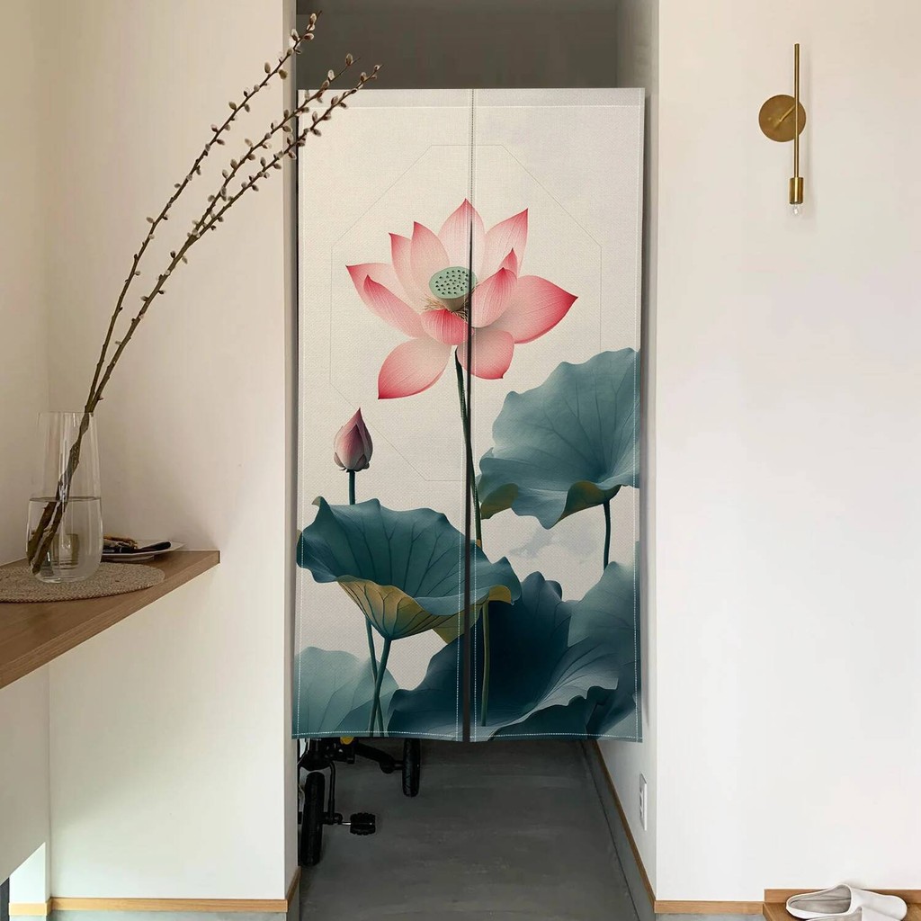 สไตล์ญี่ปุ่น Noren ผ้าม่าน Elegant Lotus สีเขียวใบพิมพ์แบบดั้งเดิม ...