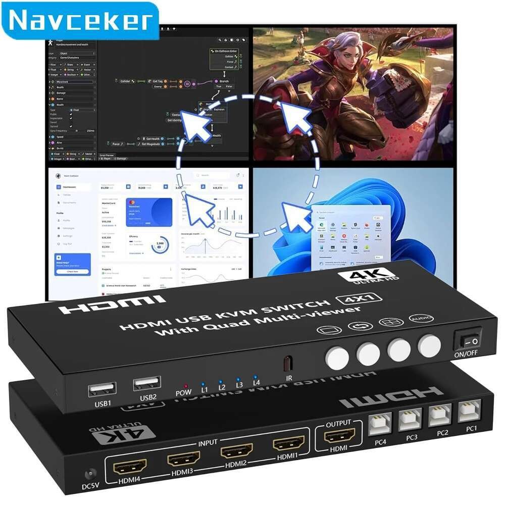 Navceker 4K HDMI KVM Switch 4x1 Quad Multi Viewer 4 in 1 Out KVM หน้าจอ ...