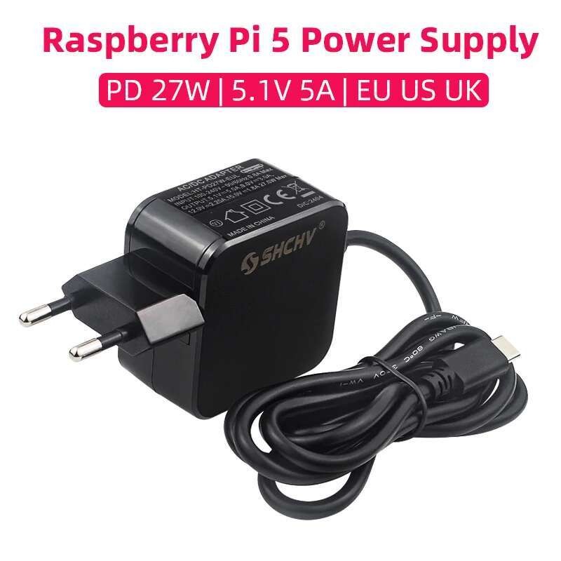 VN Raspberry Pi 5 แหล่งจ่ายไฟ PD 27W 5.1V 5A USB Type-C อะแดปเตอร์ EU ...