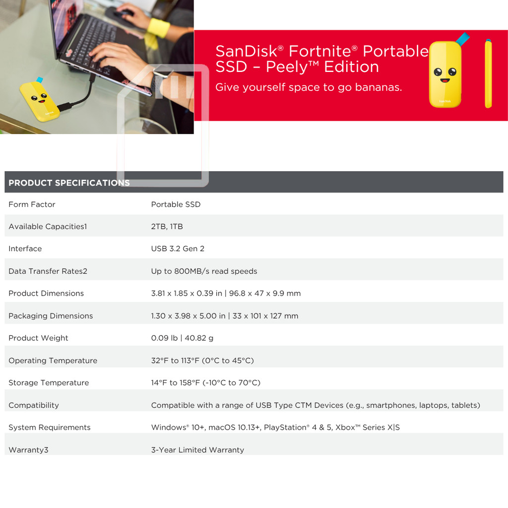 SanDisk Fortnite Portable SSD 1TB ,2TB – Peely Edition (SDSSDE30) Speed ...