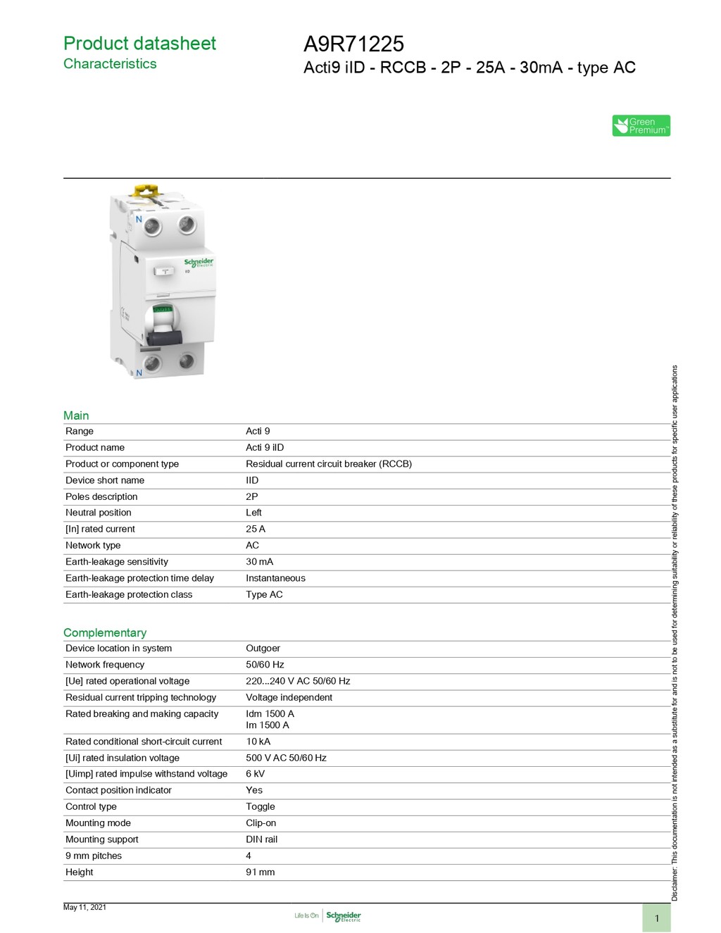 Schneider Residual Current Circuit Breaker (RCCB) Acti9 iID 2P 25A AC Type 30mA | A9R71225 ...
