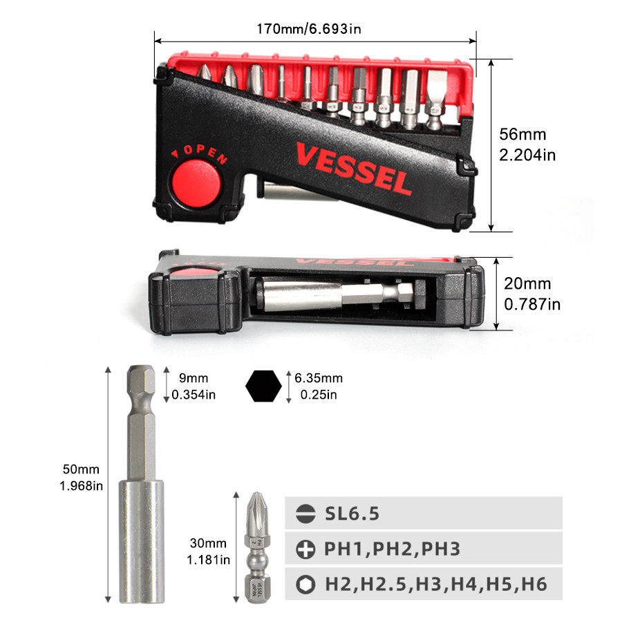 VESSEL IB11P03CSF ไขควง Bits ชุด 11 ชิ้น Impact Ball Torsion บิตสไลด์ไข ...