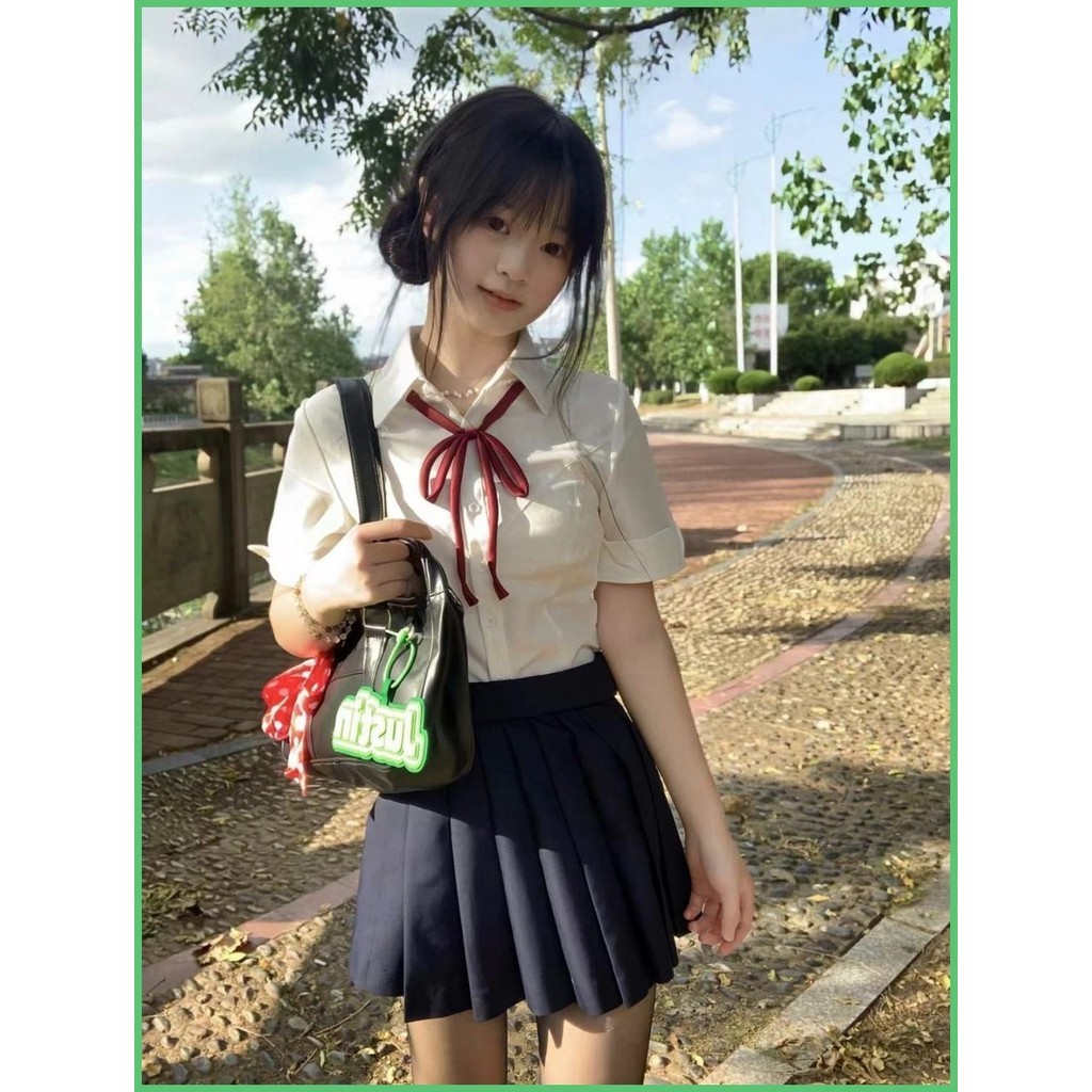 S-2XLชุดนักเรียน JK เสื้อเชิ้ตแขนสั้นเอวคอกระโปรงจีบเซ็ทสมบูรณ์สไตล์สาวสแนป 2025 | Shopee Thailand