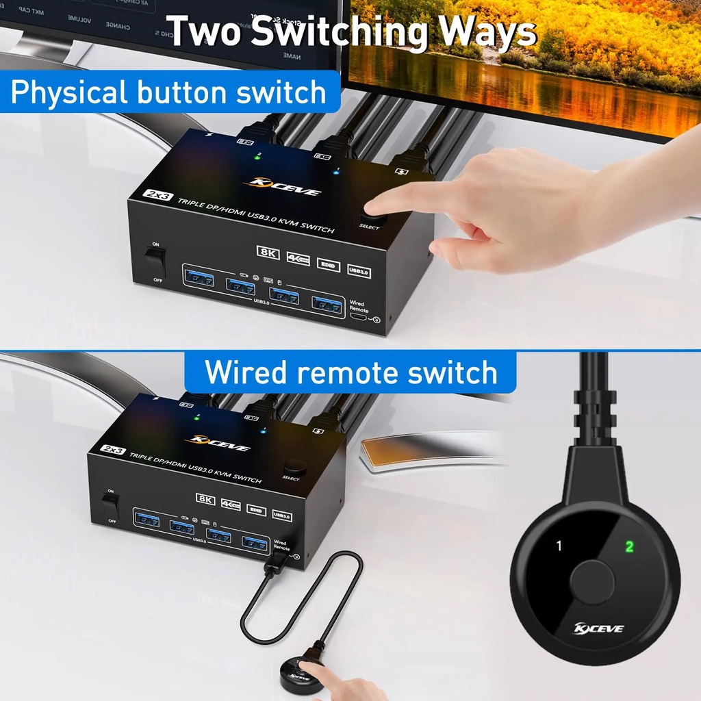 Triple Monitors KVM Switch 2 Displayport + HDMI USB 3.0 KVM Switch 8K ...