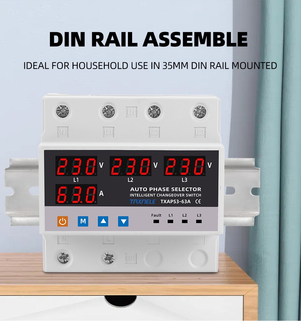 63a 3 เฟส 3P+N Din rail phase selector adjustable Over and Under ...