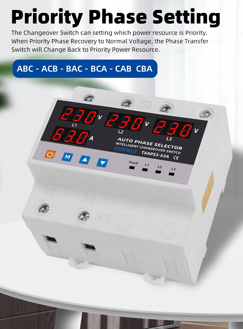 63a 3 เฟส 3P+N Din rail phase selector adjustable Over and Under ...