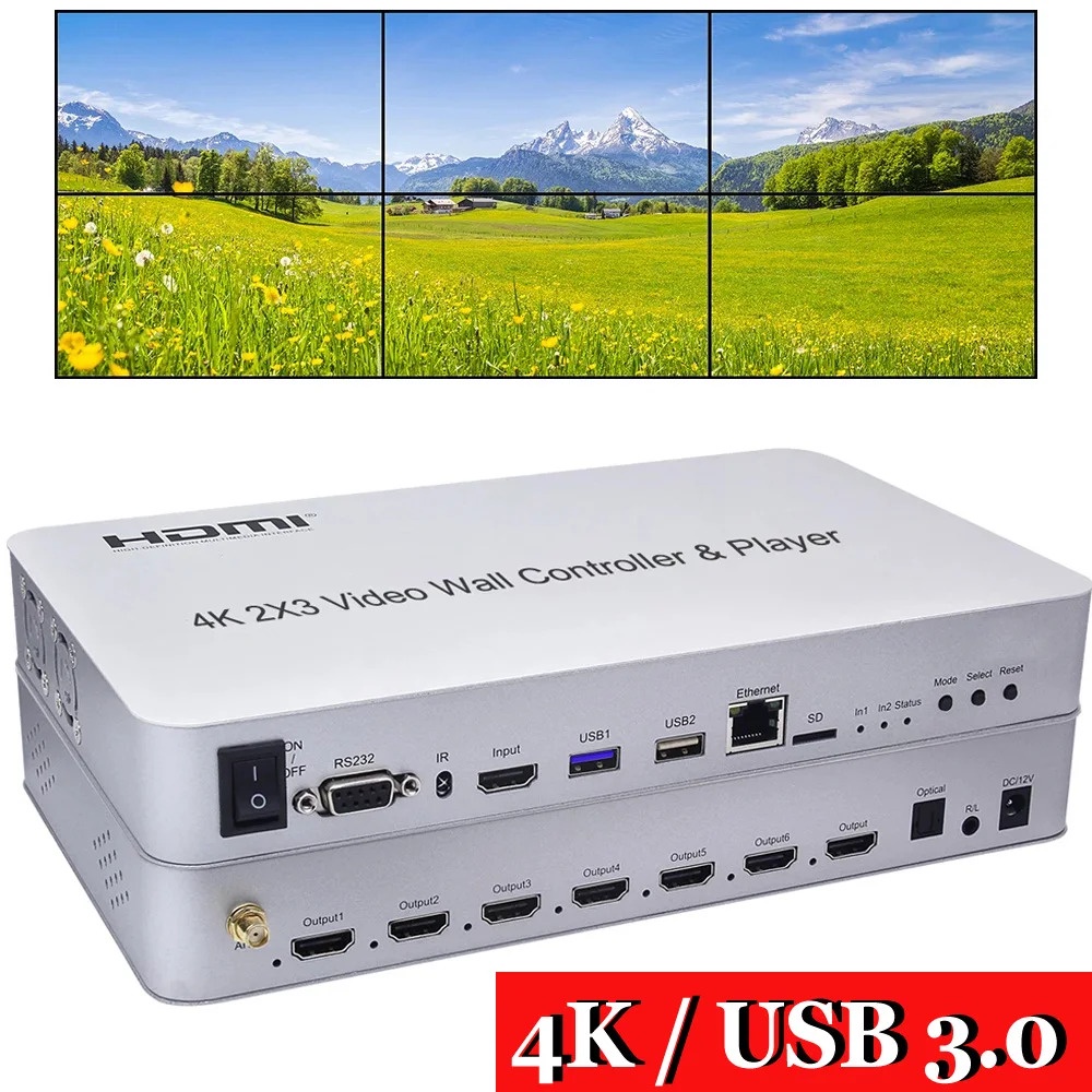4k 2x3 HDMI Video Wall Controller USB Flash Disk Player 6 Channel TV Wall Processor 2x2 1x3 1x4 ...