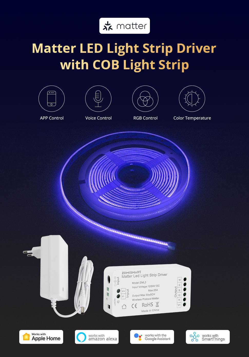 Zemismart Matter WiFi COB LED Strip 5M/10M ชุด,สมาร์ท CW/RGBCW IP65 ...