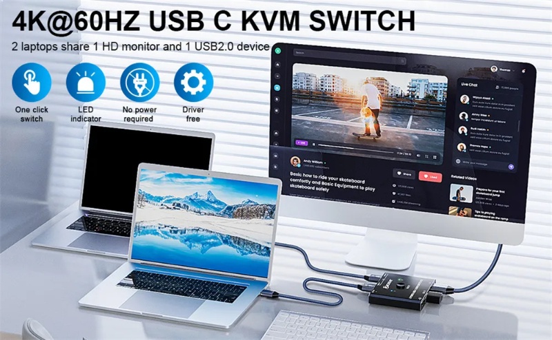 KVM USB Switch Selector 2 In 2 Out Switcher Type C Laptop Computer ...