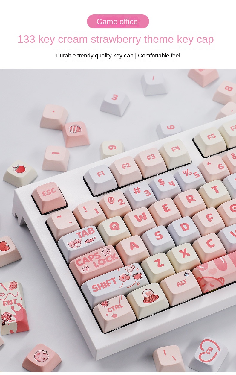 Cream Strawberry Theme Keycap 133 Keys Cute Pink Keycap ปุ่มกดคีย์บอร์ด ...