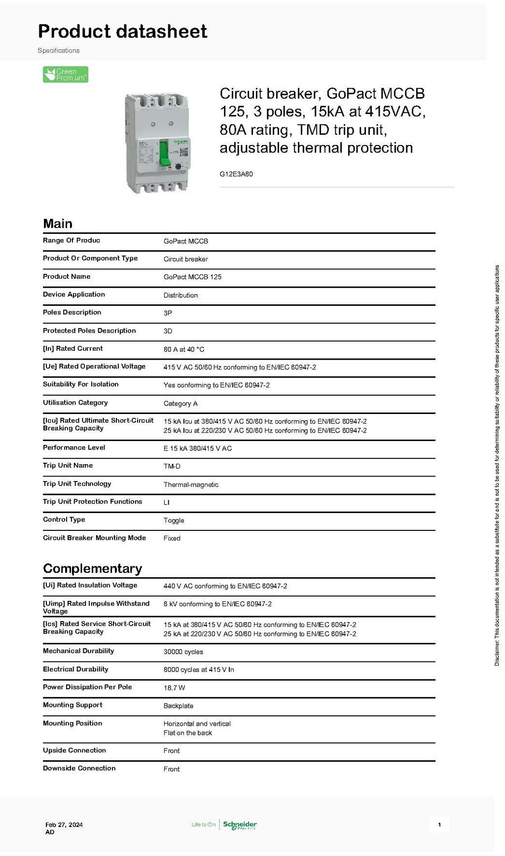 Schneider G12E3A80 เซอร์กิตเบรกเกอร์ GoPact MCCB ชนิด 3P 80A 15kA at ...
