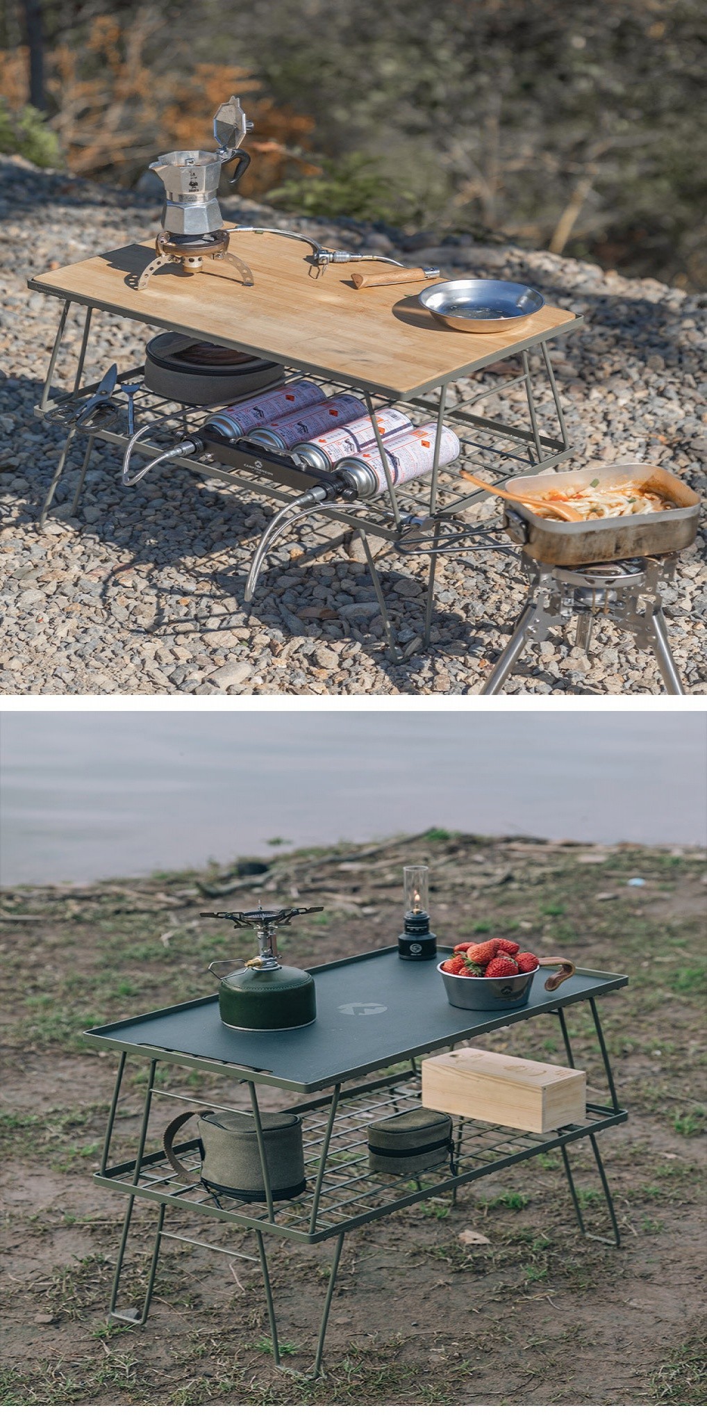 จัดส่งที่รวดเร็ว Campingmoon T-233 โต๊ะพับ เหล็กคู่ อลูมิเนียม ชั้นวางของกลางแจ้ง ชั้นเก็บของ ...