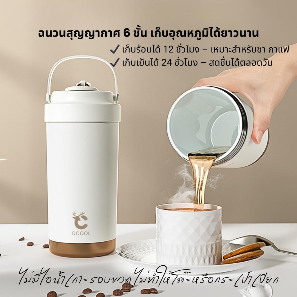 QCOOL ขวดน้ำสแตนเลส 304 เคลือบเซรามิก สำหรับเก็บอุณหภูมิร้อน-เย็น แก้วน้ำพกพา ฝา 2-in-1 พร้อม ...