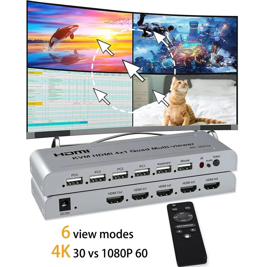 4K HDMI Multiviewer 4x1 Quad Multi-viewer Seamless Switcher 4 In 1 Out ...