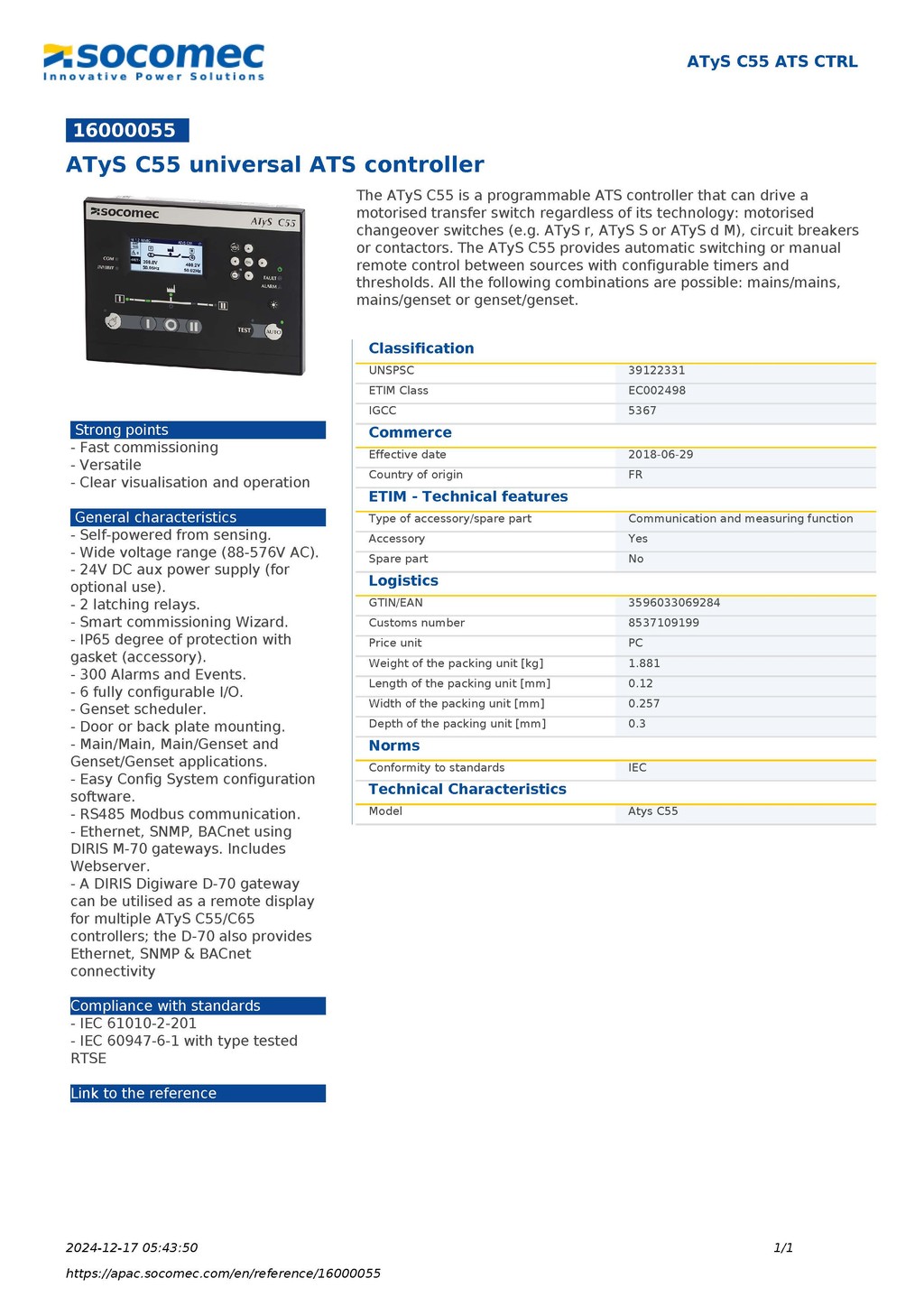 Socomec ATyS C55 Universal ATS Controller | 16000055 | Ucanbuys ...