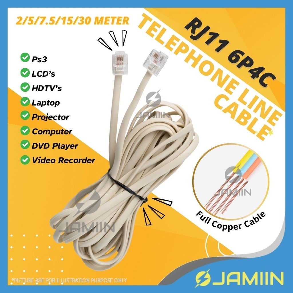 สายเคเบิลเชื่อมต่อ 6P4C RJ11 2 เมตร 5 เมตร 7.5 เมตร 10 เมตร 15 เมตร ...